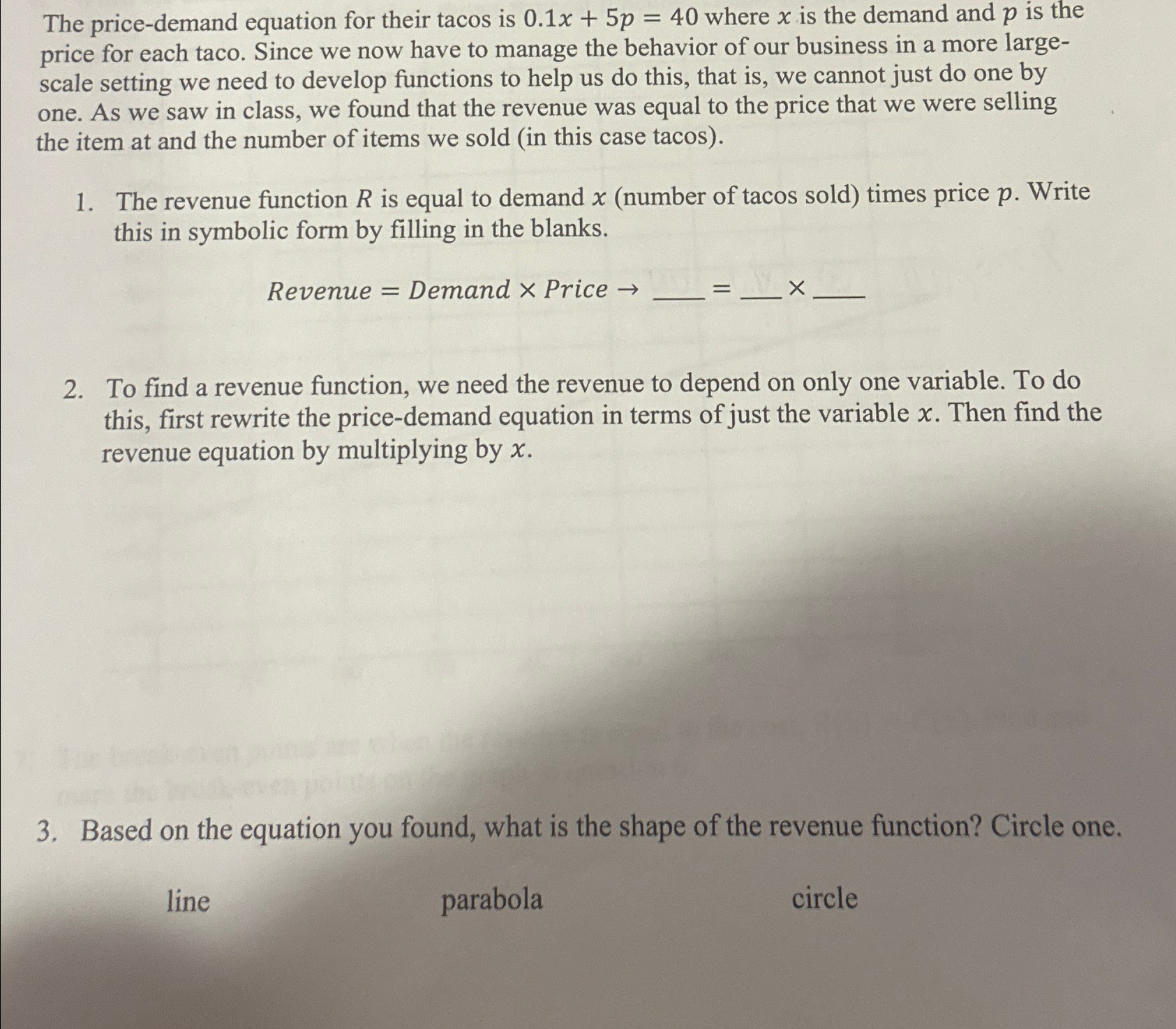Solved The price-demand equation for their tacos is | Chegg.com