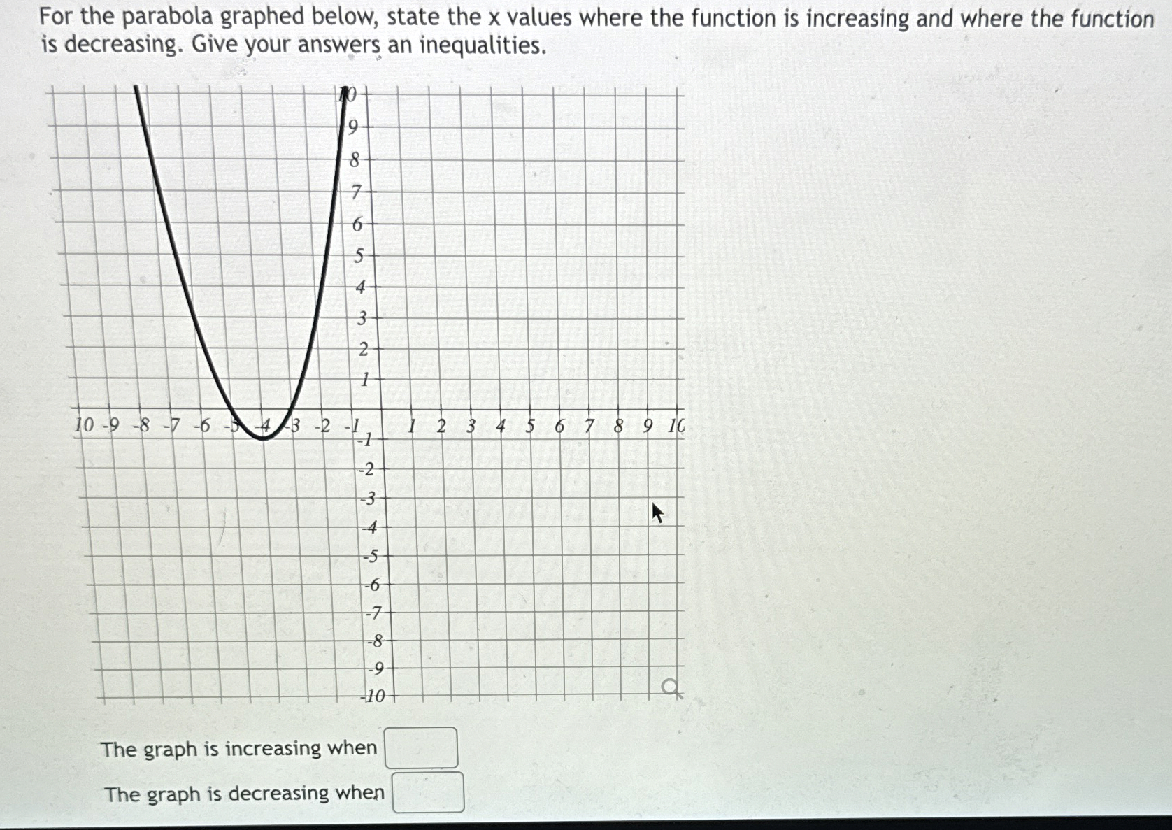 Solved For the parabola graphed below, state the x ﻿values | Chegg.com
