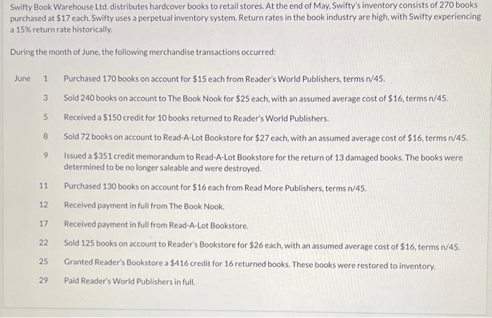 Solved Swifty Book Warehouse Ltd. distributes hardcover | Chegg.com