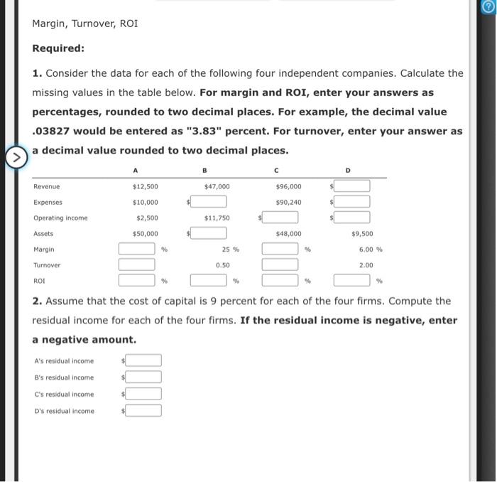 Solved Margin, Turnover, ROI Required: 1. Consider the data | Chegg.com