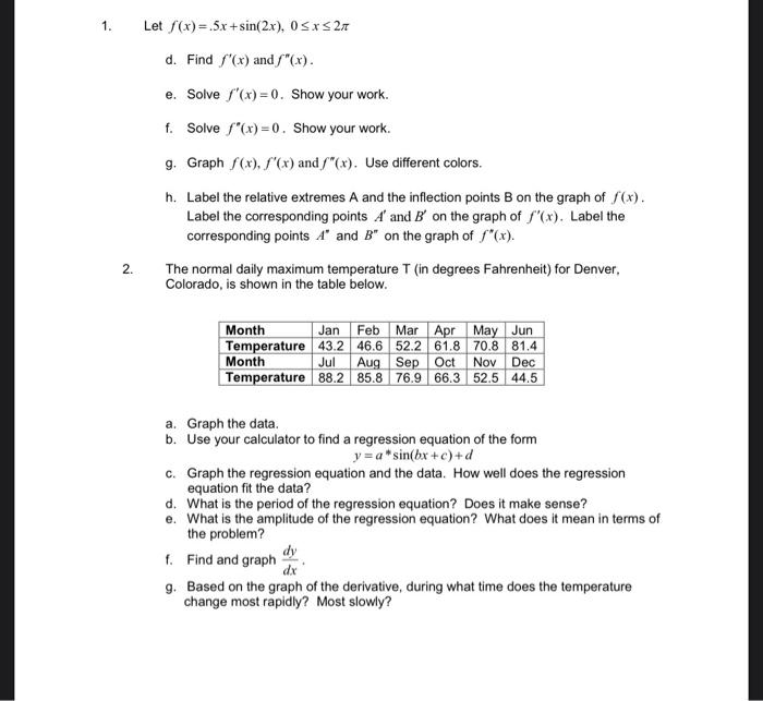 Solved 1. Let f(x)=.5x+sin(2x),0≤x≤2π d. Find f′(x) and | Chegg.com