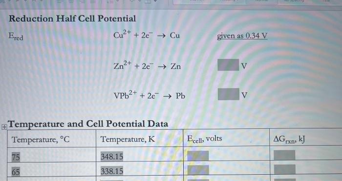 Reduction Half Cell Potential Ered Cu2++2e−→Cu given | Chegg.com