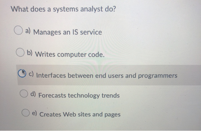 Solved What does a systems analyst do? a) Manages an IS | Chegg.com