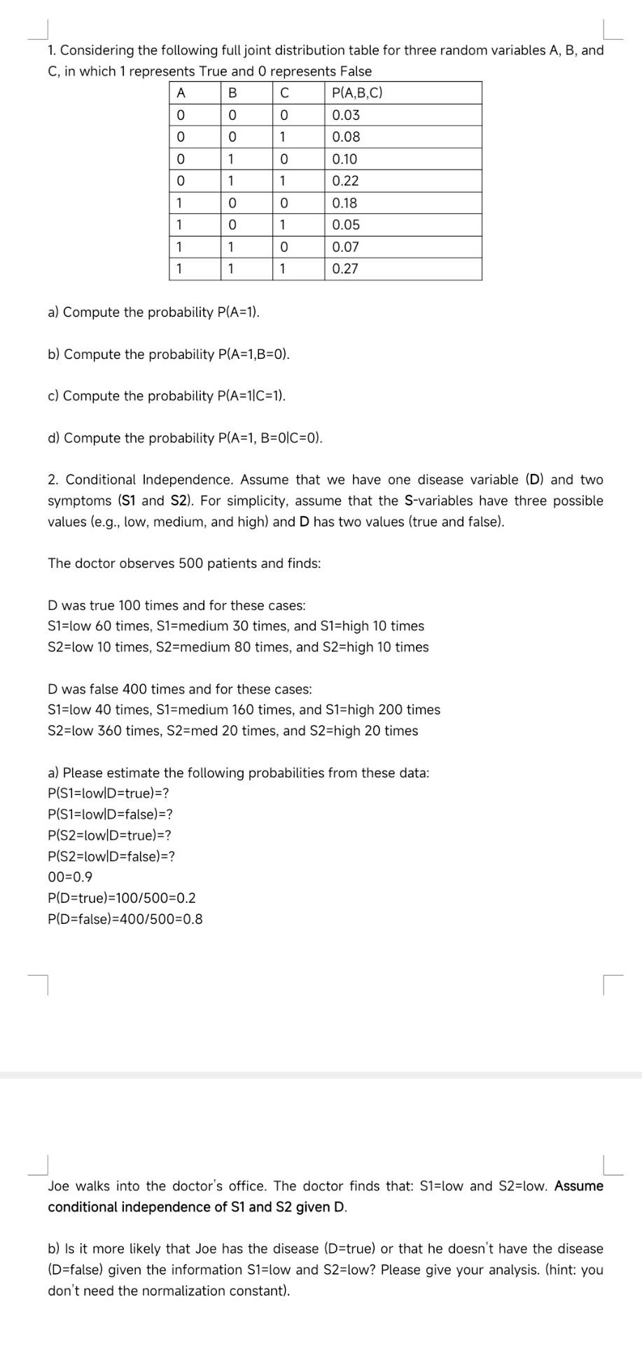 Solved 1. Considering the following full joint distribution | Chegg.com