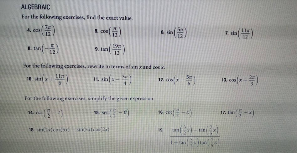 Solved ALGEBRAIC For the following exercises, find the exact | Chegg.com