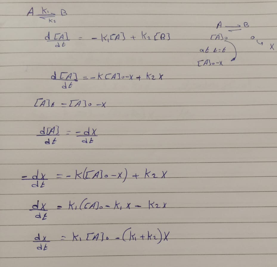 Solved A∼k1?k2Bd[A]dt=-k1[A]+k2[B]A≃B[A],0 ﻿at E=t | Chegg.com