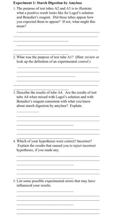 Solved Experiment 1: Starch Digestion by Amylase 44 Tube | Chegg.com