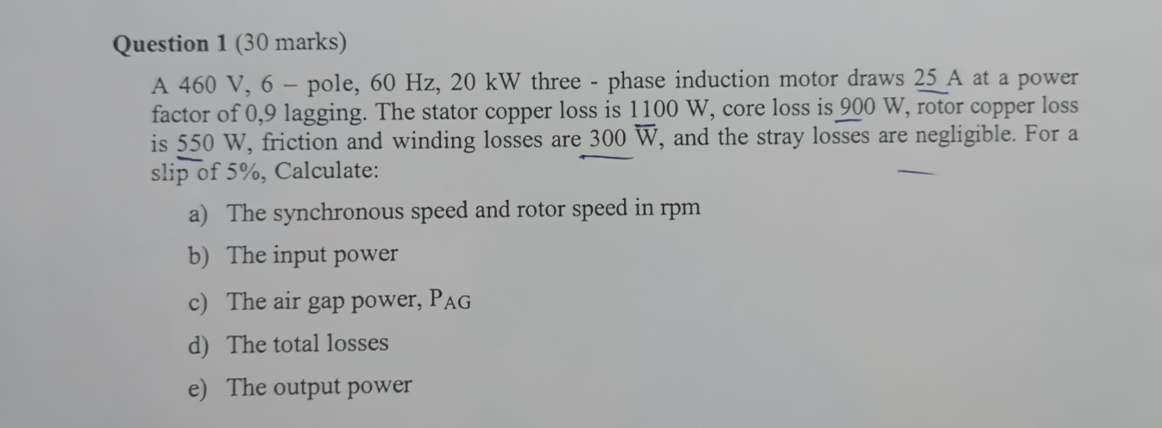 Solved Question 1 ()A 460V,6 - ﻿pole, 60Hz,20kW ﻿three - | Chegg.com