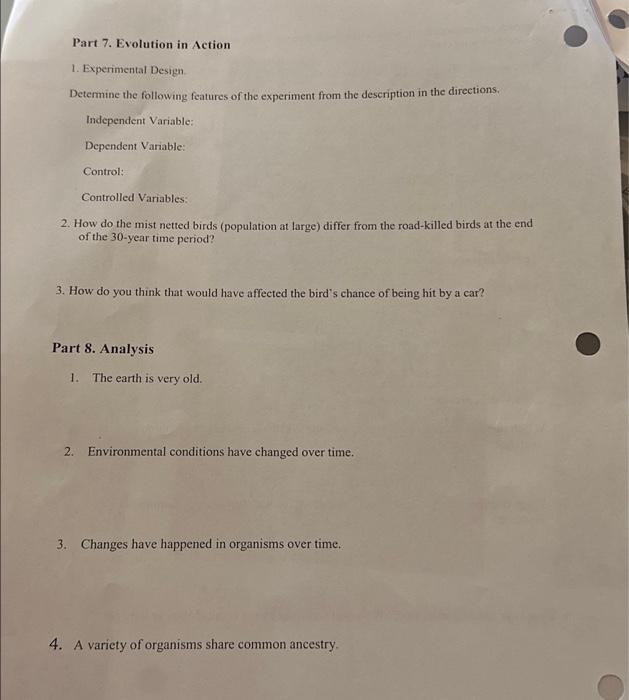 Solved Part 7. Evolution in Action 1. Experimental Design. | Chegg.com