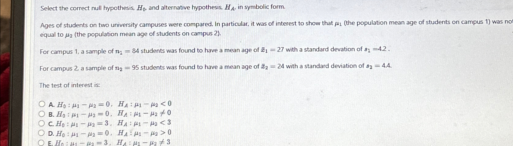 Select the correct null hypothesis, H0, ﻿and | Chegg.com