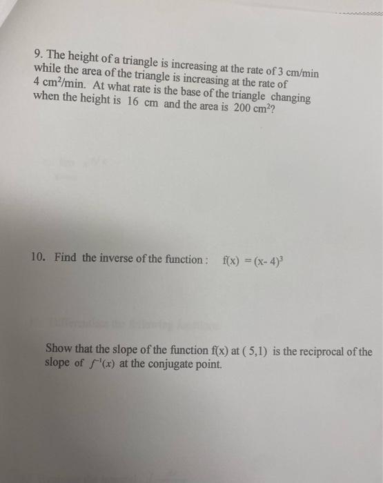 Solved 9. The height of a triangle is increasing at the rate | Chegg.com