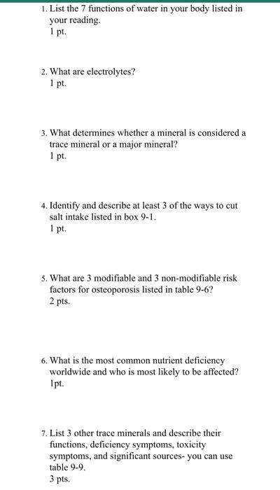 Solved 1. List the 7 functions of water in your body listed | Chegg.com