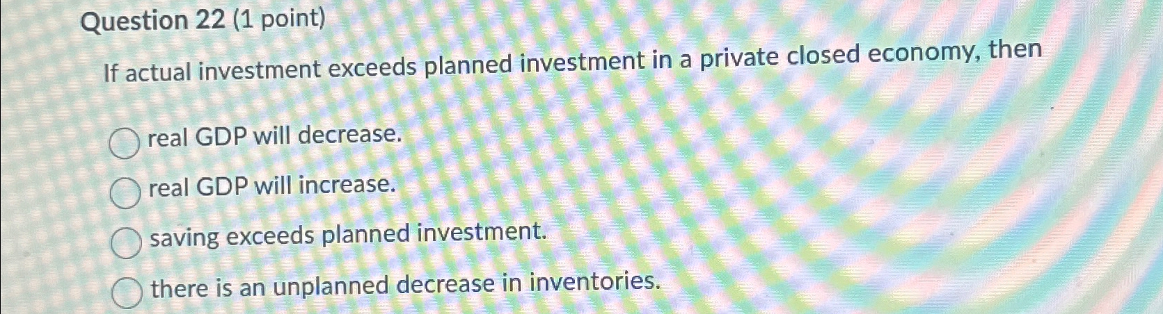 Solved Question 22 (1 ﻿point)If actual investment exceeds | Chegg.com
