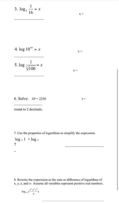 Solved 3. log. - 4. log 10" = x 5. log100* 6. Solve: 10=2250 | Chegg.com