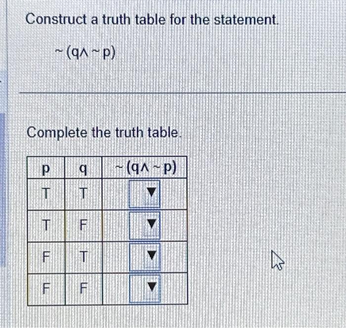 Solved Construct a truth table for the statement. ~(q^~p) | Chegg.com