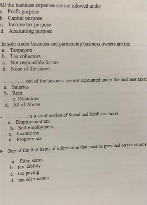 Solved All the business expenses are not allowed under a. | Chegg.com