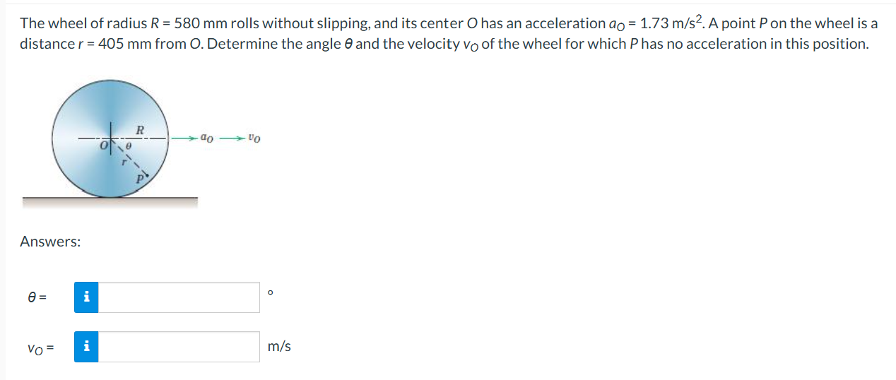 Solved The wheel of ﻿radius R=580mm ﻿rolls without slipping, | Chegg.com