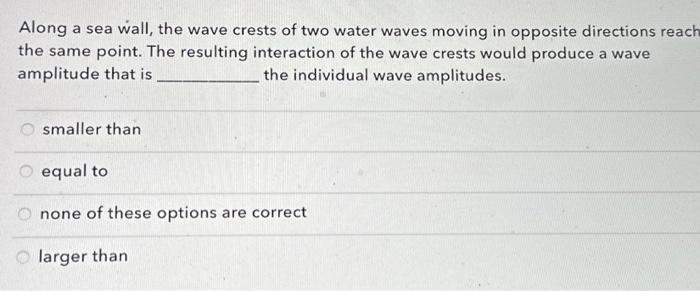Solved Along a sea wall, the wave crests of two water waves | Chegg.com