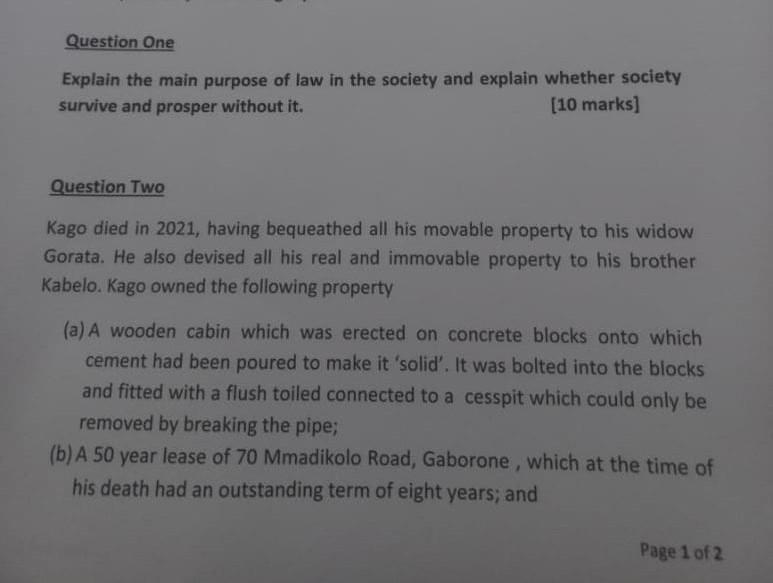 Question One Explain the main purpose of law in the | Chegg.com