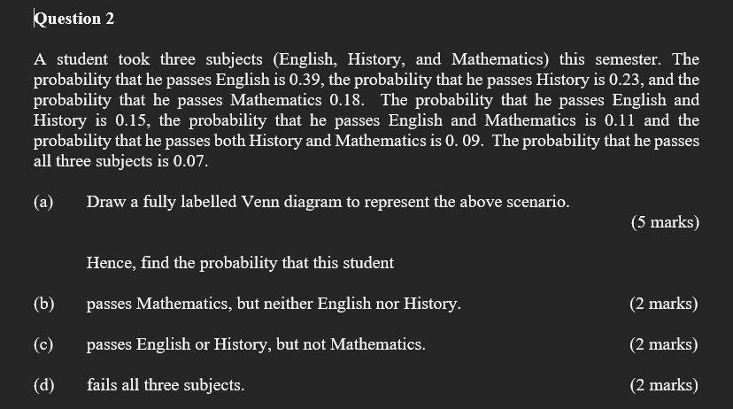 Solved Question 2A student took three subjects (English, | Chegg.com