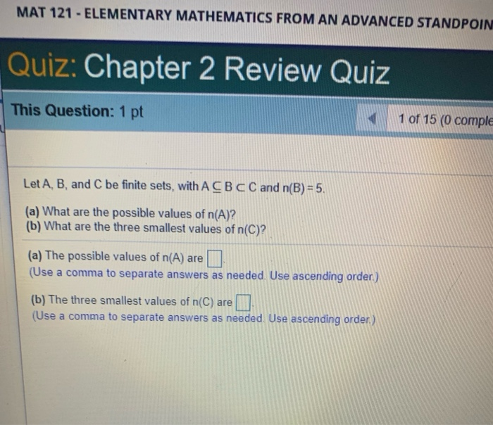Solved MAT 121 - ELEMENTARY MATHEMATICS FROM AN ADVANCED | Chegg.com