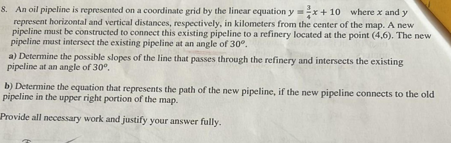 Solved 8. ﻿An oil pipeline is represented on a coordinate | Chegg.com