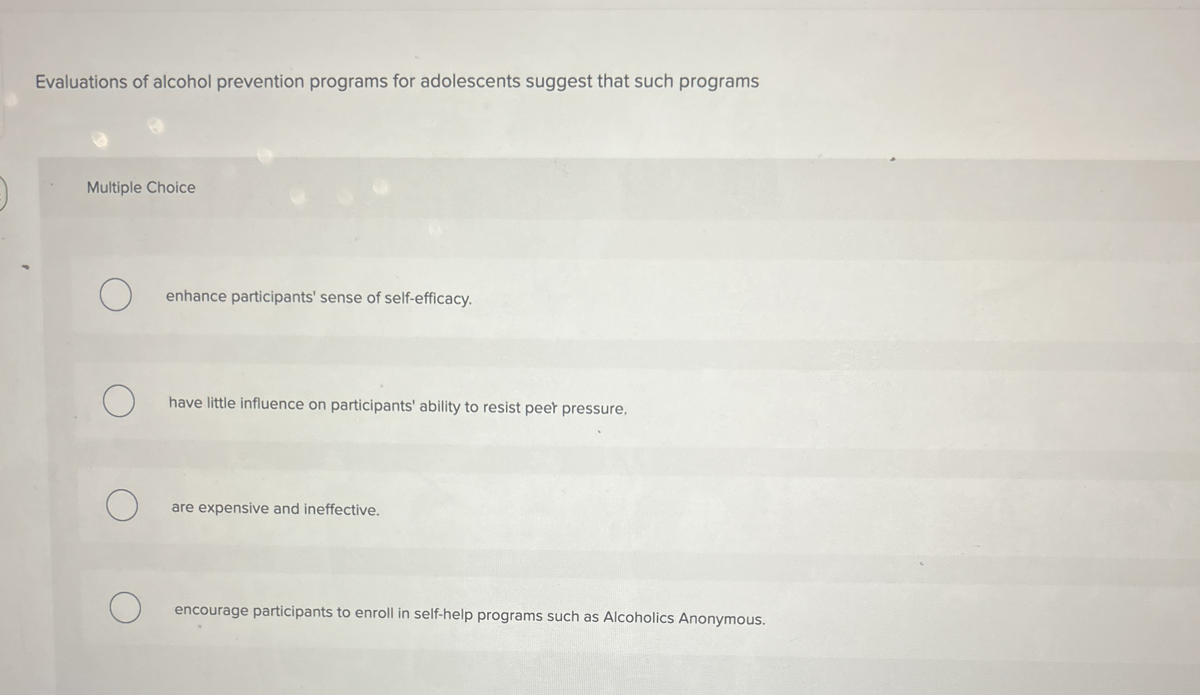 Solved Evaluations of alcohol prevention programs for | Chegg.com