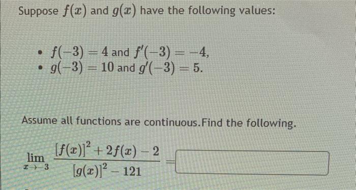 Solved Suppose f(x) and g(x) have the following values: - | Chegg.com