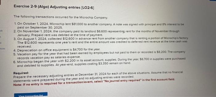 Solved Exercise 2-9 (Algo) Adjusting entries [LO2-6] The | Chegg.com