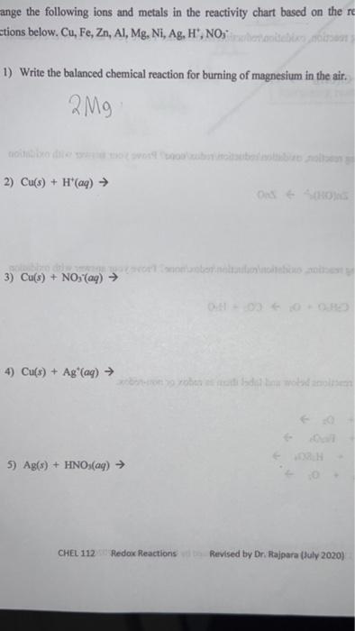 Solved ange the following ions and metals in the reactivity | Chegg.com