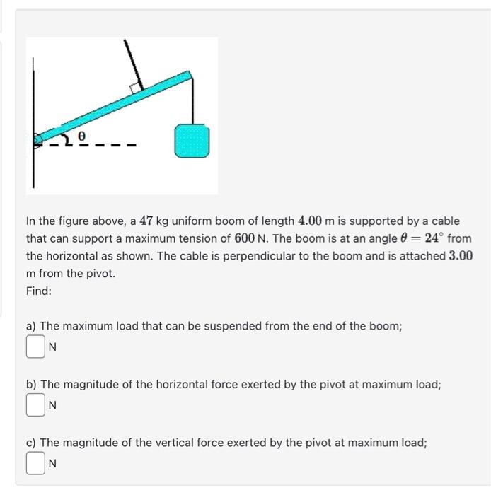 Solved In the figure above, a 47 kg uniform boom of length | Chegg.com