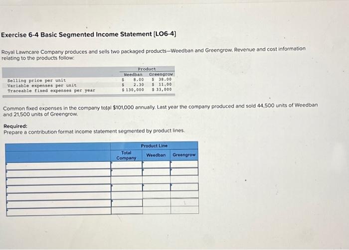 Solved Exercise 6-4 Basic Segmented Income Statement [LO6-4] | Chegg.com