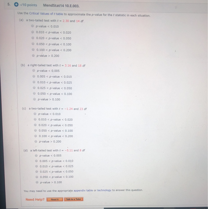 Solved 5. -/10 points MendStat14 10.E.003. Use the Critical | Chegg.com
