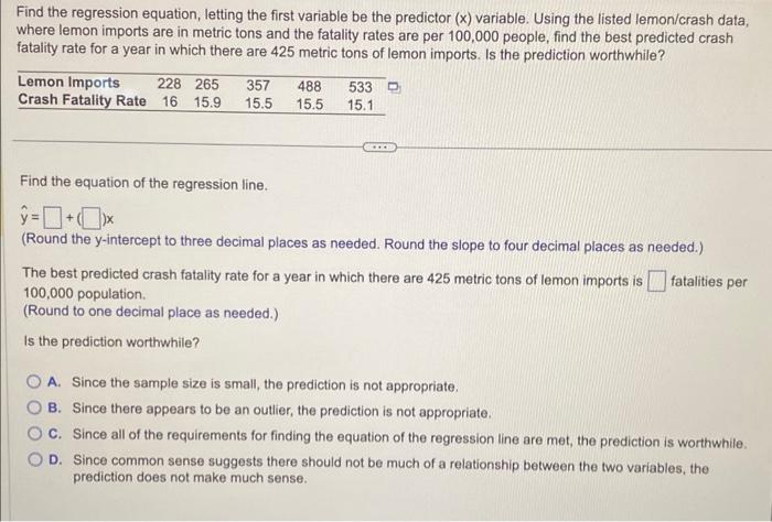 Solved Find the regression equation, letting the first | Chegg.com