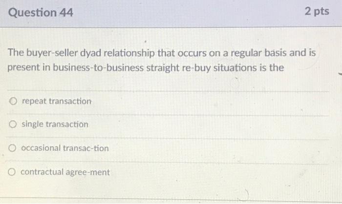 Solved Question 44 2 pts The buyer-seller dyad relationship | Chegg.com