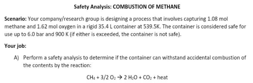 Solved Safety Analysis: COMBUSTION OF METHANE Scenario: Your | Chegg.com
