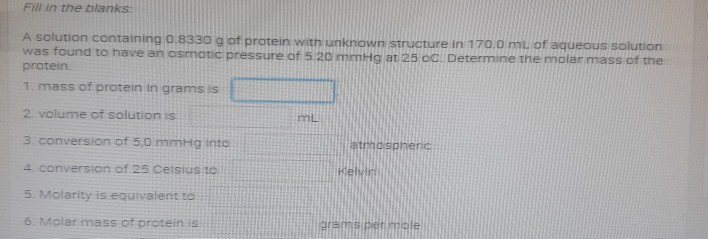Solved Fill in the blanks: A solution containing 0.8330 g of | Chegg.com
