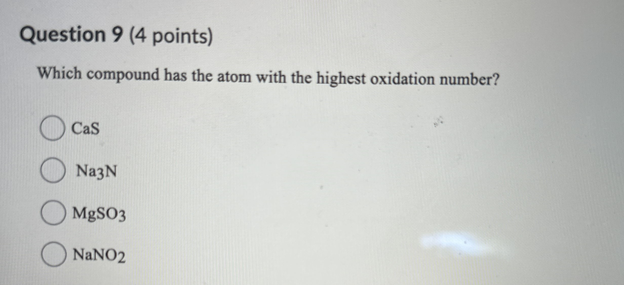 Solved Question 9 (4 ﻿points)Which compound has the atom | Chegg.com