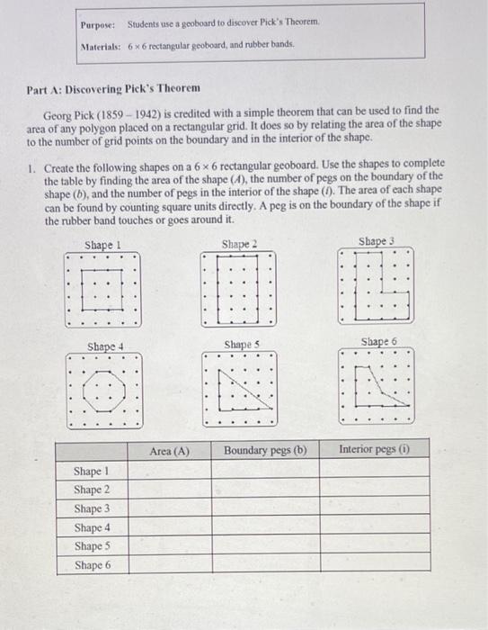 Solved Purpose: Students use a geoboard to discover Pick's | Chegg.com