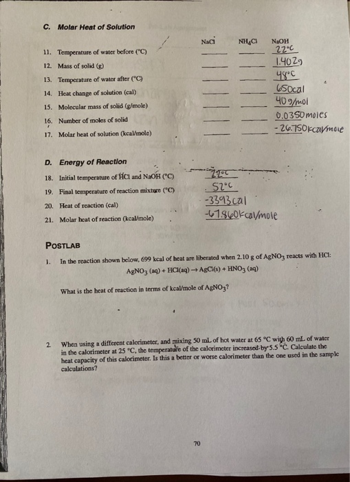 Name TA DATA SHEET Thermochemistry A. Calorimeter | Chegg.com