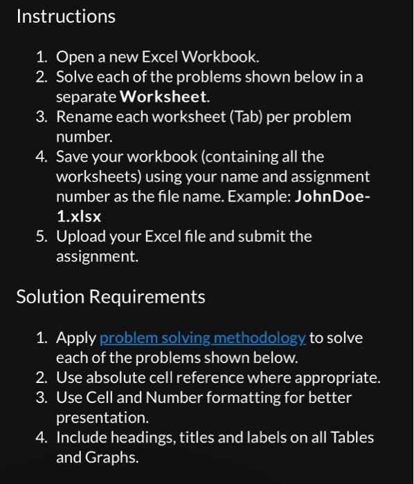 Solved Instructions 1. Open a new Excel Workbook. 2. Solve | Chegg.com