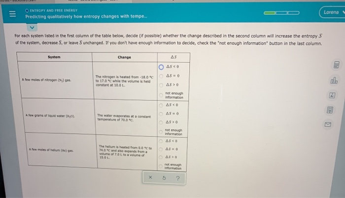 Solved E O ENTROPY AND FREE ENERGY Predicting qualitatively | Chegg.com
