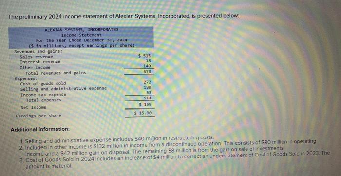 Solved Required: Prepare a revised income statement for 2024 | Chegg.com