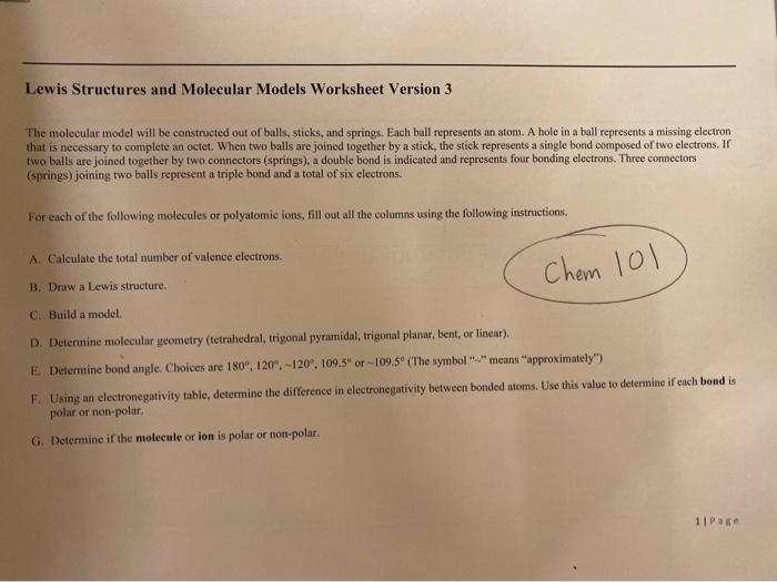 Solved Lewis Structures and Molecular Models Worksheet | Chegg.com