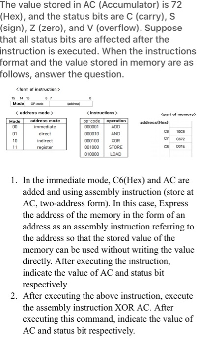 Solved The value stored in AC (Accumulator) is 72 (Hex), and | Chegg.com