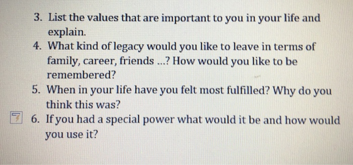 Solved 3. List the values that are important to you in your | Chegg.com