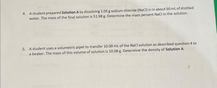 Solved 4. A student prepared Solution A by dissolving 1.05 g | Chegg.com
