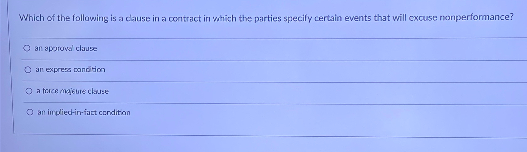 Solved Which of the following is a clause in a contract in | Chegg.com