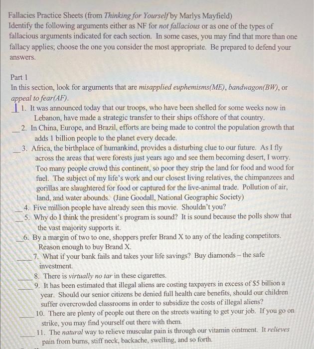 Fallacies Practice Sheets (from Thinking for Yourself | Chegg.com