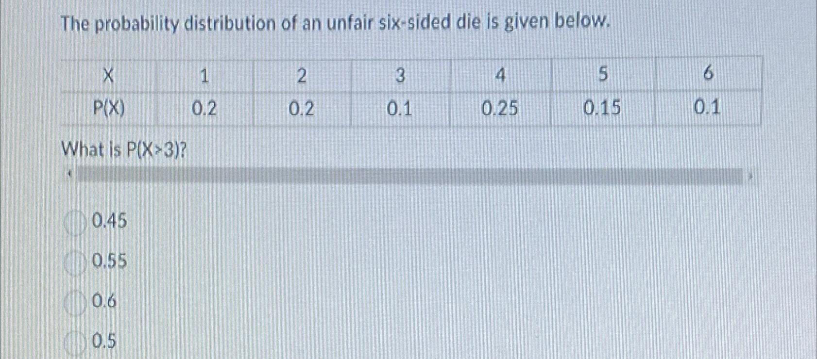 Solved The probability distribution of an unfair six-sided | Chegg.com